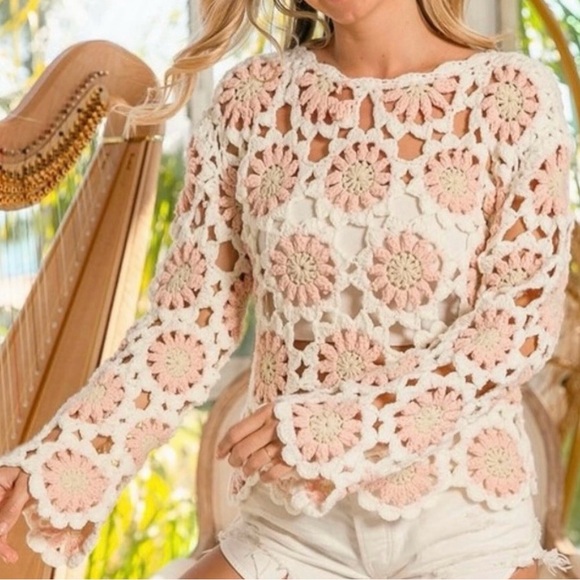 BiBi | Tops | Bibi Crochet Sweater In Pink And Cream | Poshmark